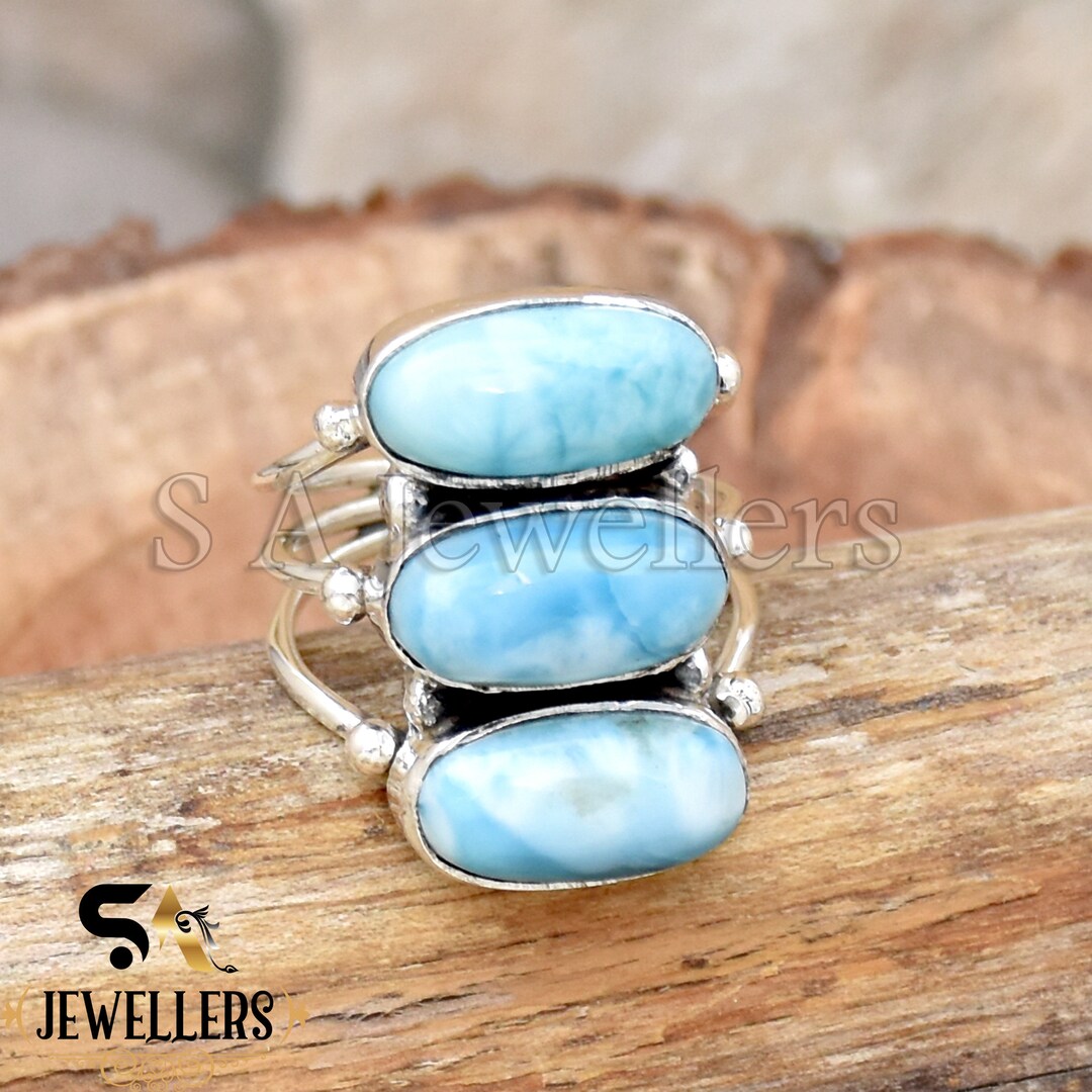 Natural Larimar Ring, 925 Sterling Silver Ring, Three Stone Handmade ...