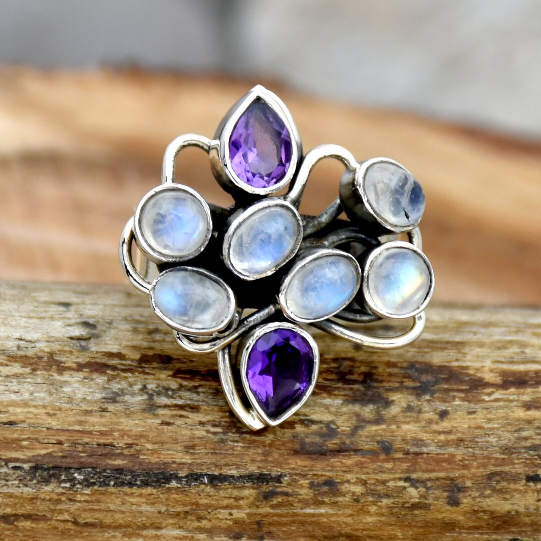 Natural Moonstone and Amethyst Ring, 925 Sterling Silver Ring, Handmade ...