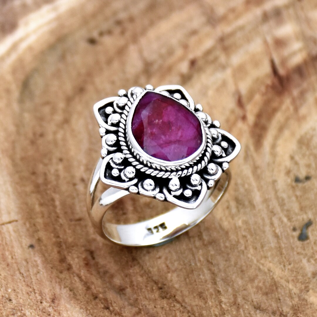 Indian Ruby Ring, 925 Sterling Silver Ring, Faceted Ruby Ring, Pear ...