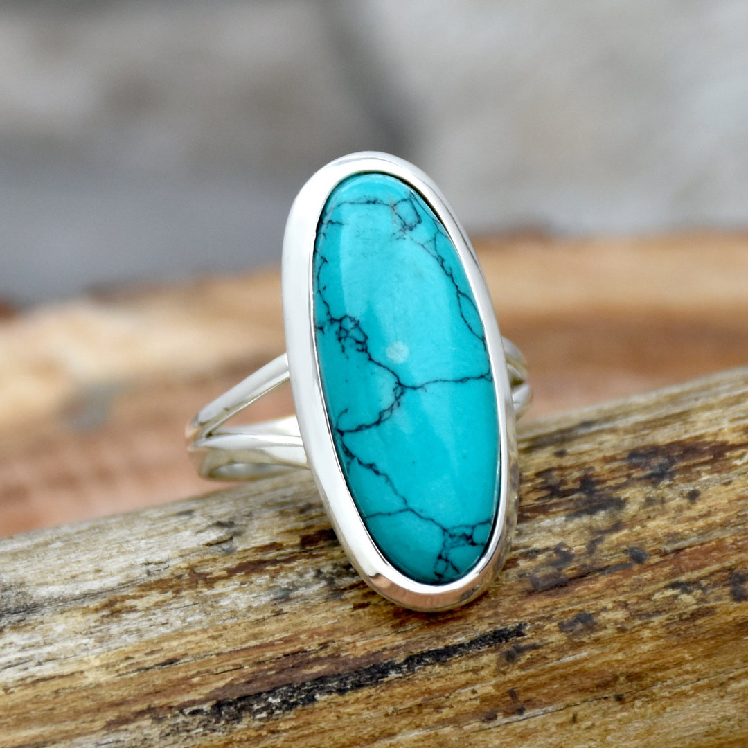 Turquoise Ring, 925 Sterling Silver Ring, Handmade Ring, Long Oval ...