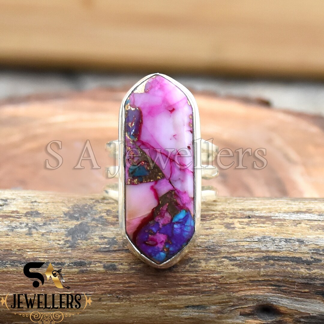 Kingman Pink Turquoise Ring: Long Sterling Silver Handmade Ring - Etsy