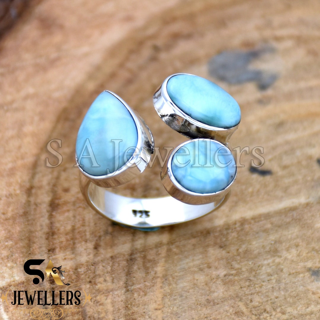 Natural Larimar Ring, 925 Sterling Silver Ring, Open Band Ring ...