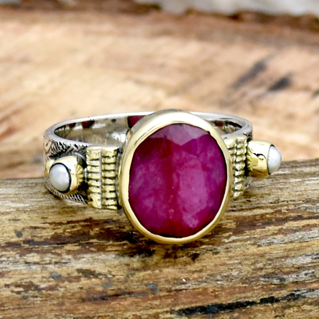 Indian Ruby Ring, 925 Sterling Silver Ruby & Pearl Ring, Flower ...