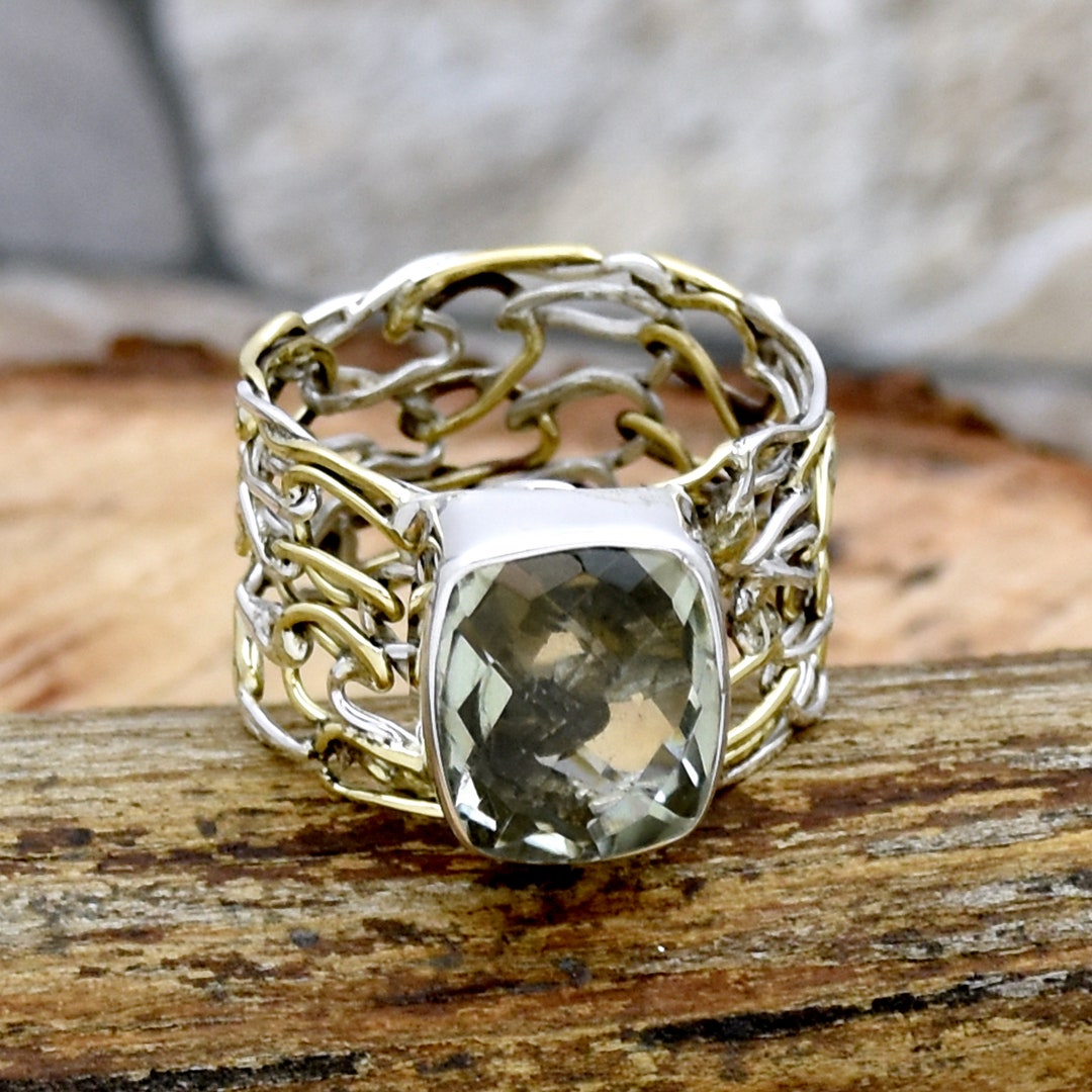 Natural Green Amethyst Ring: Sterling Silver Wire Wrap, Two Tone Band ...