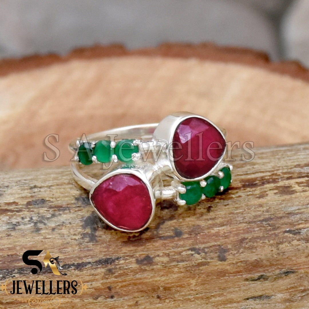 Indian Ruby and Emerald Ring, 925 Sterling Silver Ring, Multi Gemstone ...