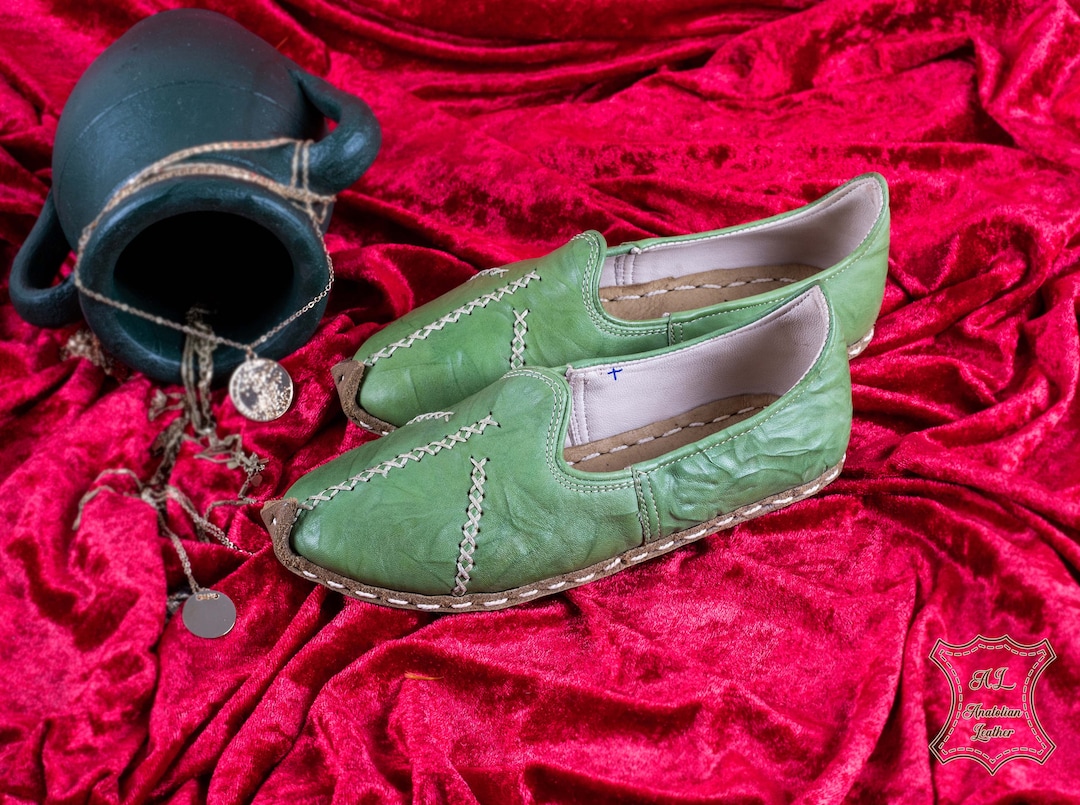 Turkish Genuine Leather Handmade Women Aladdin Yemeni Shoes, Natural ...