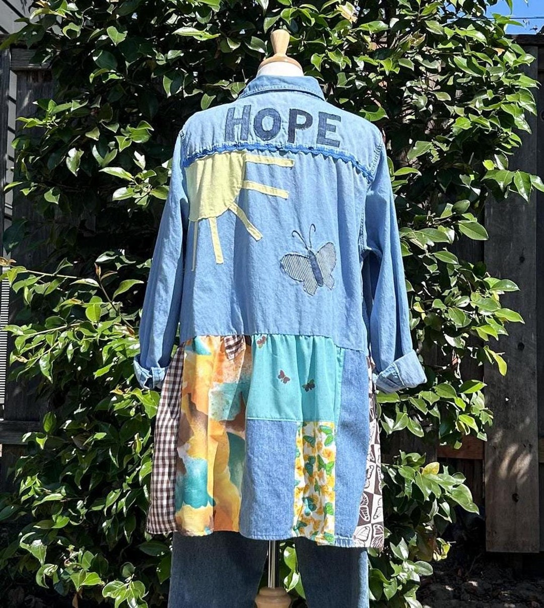1X/2X Upcycled 'H.O.P.E. Tunic/duster With Sun and Butterfly Appliqués ...