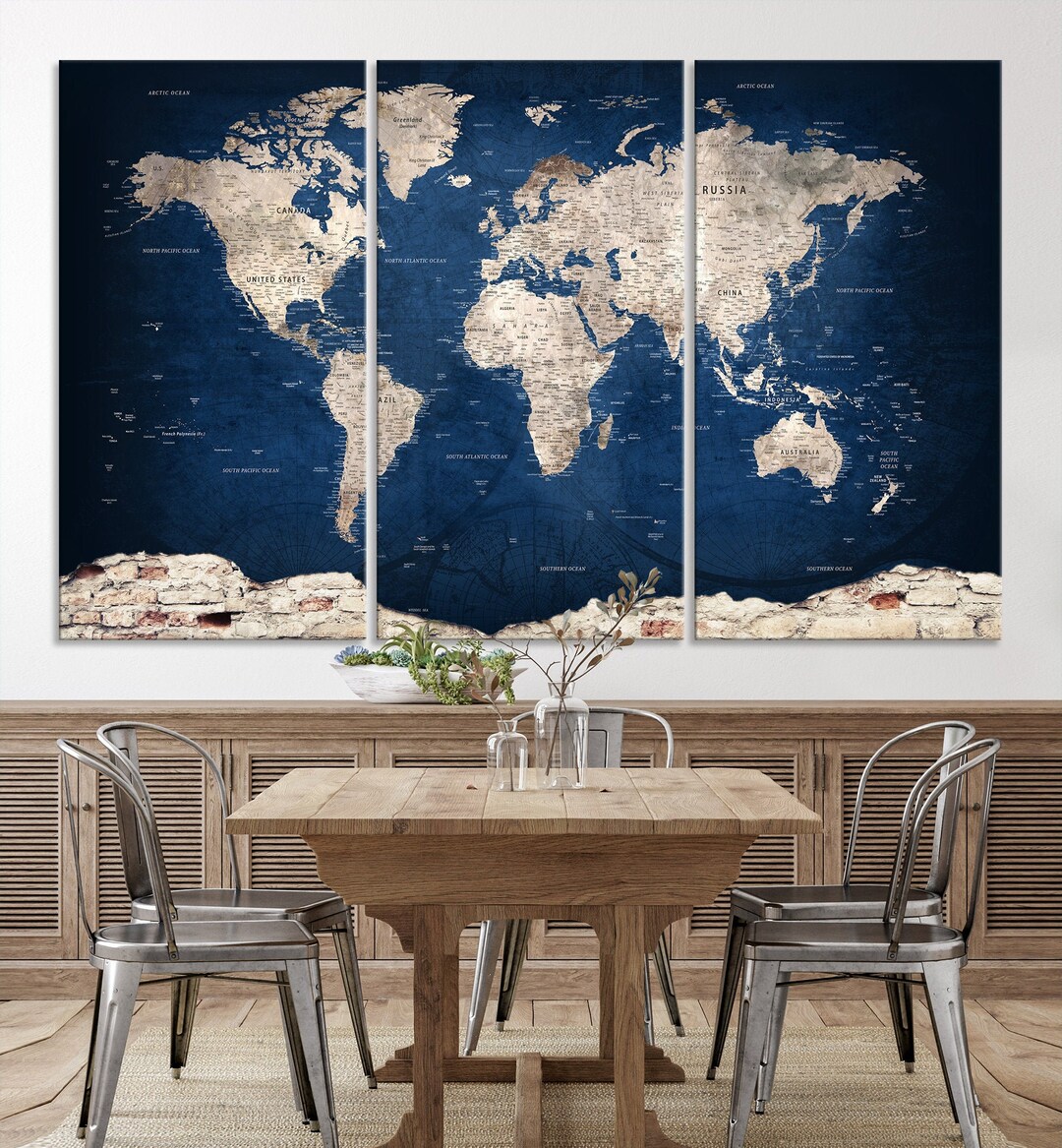 Navy Blue World Map Wall Art Canvas Print Multi Panel Artwork for ...