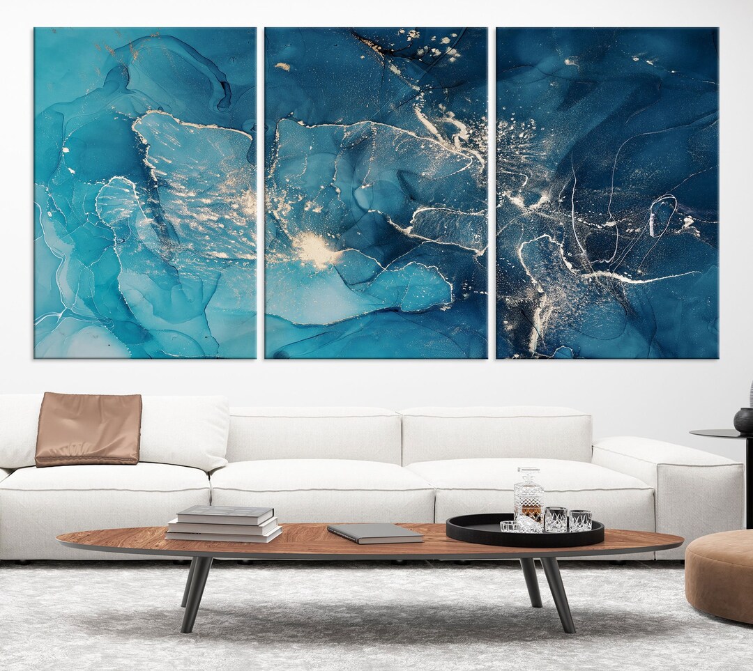 Blue Marble Fluid Effect Large Wall Art Modern Abstract Canvas Wall Art ...