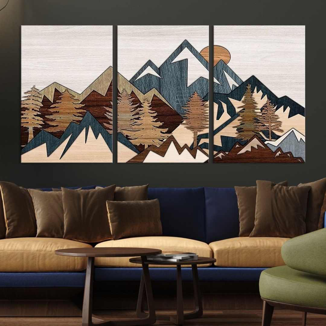 Wood Panel Effect Mountain Range Top Wall Art Print Modern Art Rustic ...