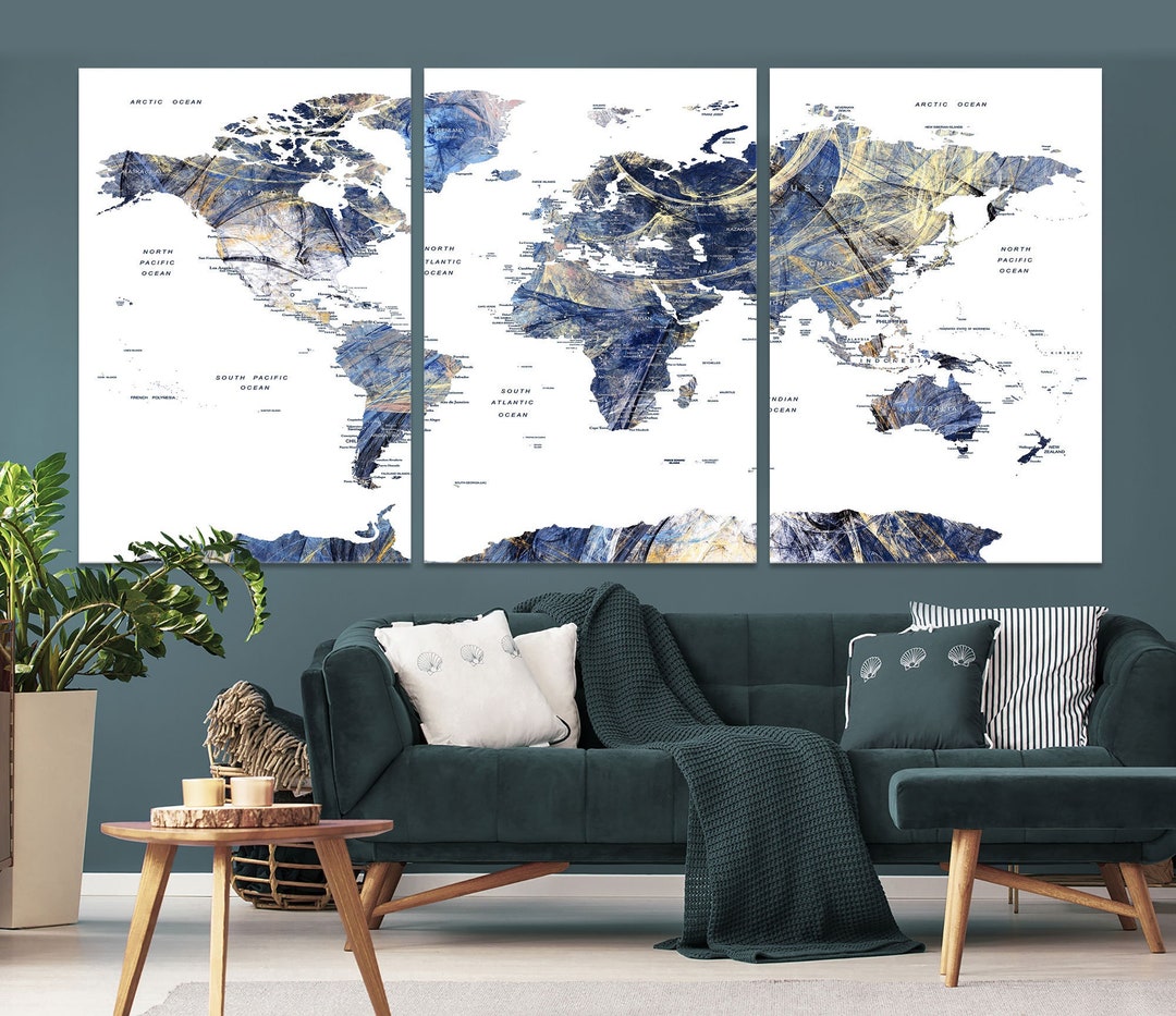 Colorful Marble Push Pin World Map Large Canvas Print Wall Art for ...
