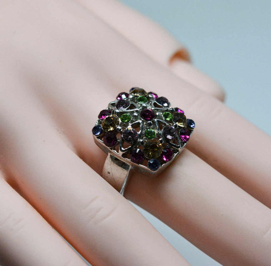 Silver Tone With Multi Color Crystals Womens Vintage Ring - Etsy