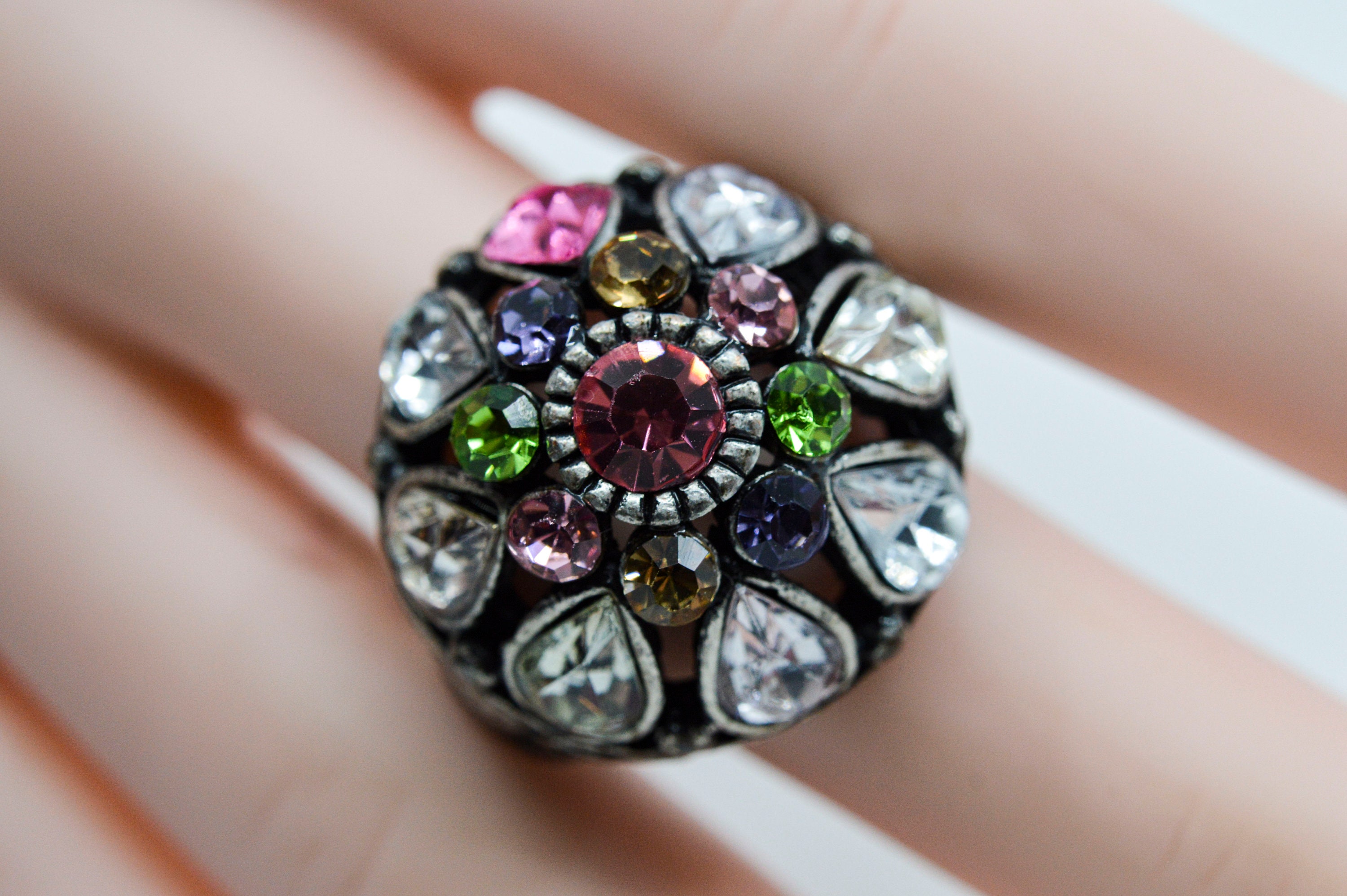 Silver Tone With Multi Color Crystals Womens Stretch Ring | Etsy