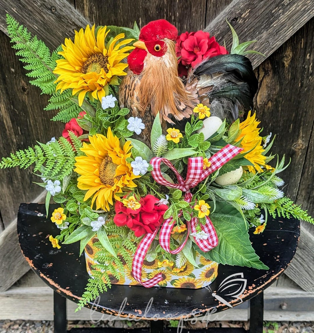 Farmhouse Rooster Centerpiece: Sunflower Gingham Bow, Country Kitchen ...