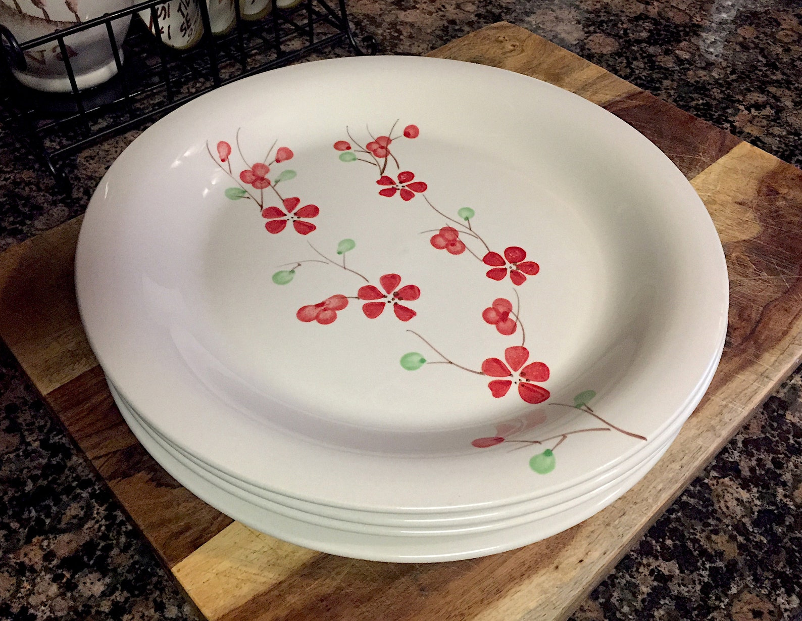 SET of 4 Pier 1 Imports Floral Stoneware Dinner Plates / Red Flowers ...