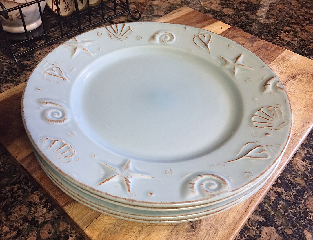 SET of 4 Thomson Pottery CAPE COD Blue Teal Dinner Plates Embossed ...