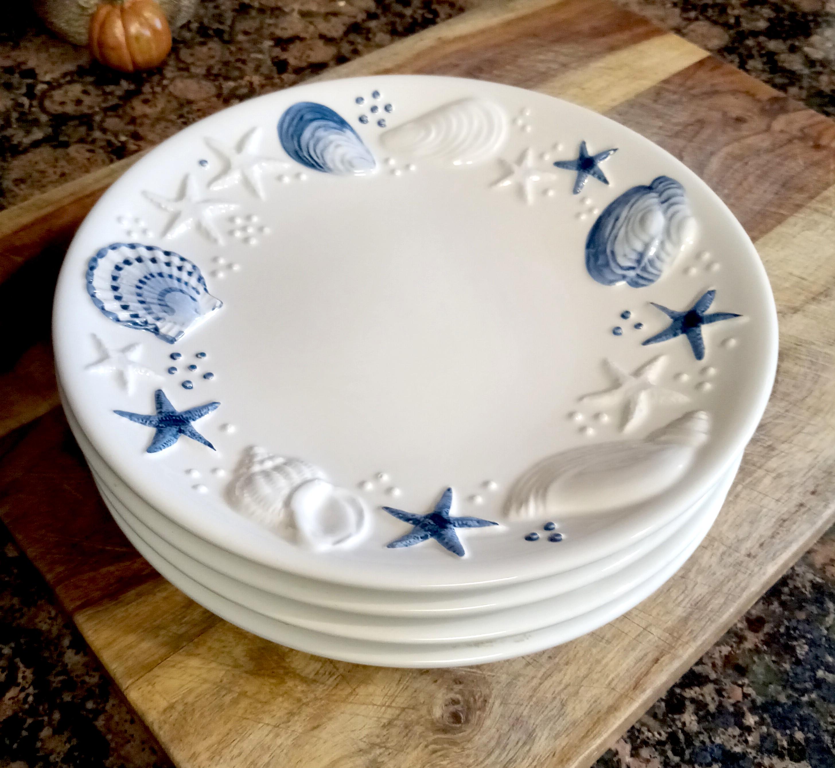 SET of (4) Starbucks White/blue Seashells 8.5" Salad Plates Imported by ...
