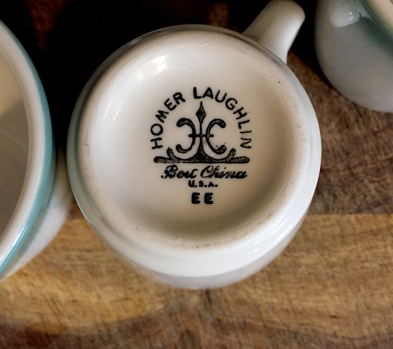SET of 6 Homer Laughlin Best China Coffee Tea 3 Mug Cup / White & Teal ...