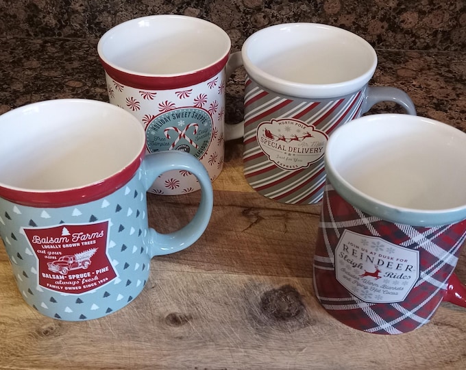 SET of (4) Designpac Christmas Mugs Large 4.25" / Reindeer, Farm, Santa ...