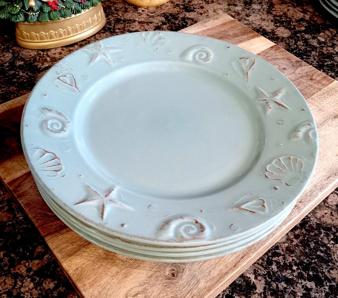 SET of (4) Thomson Pottery Cape Cod BLUE GREEN Seashells 10.5" Dinner ...