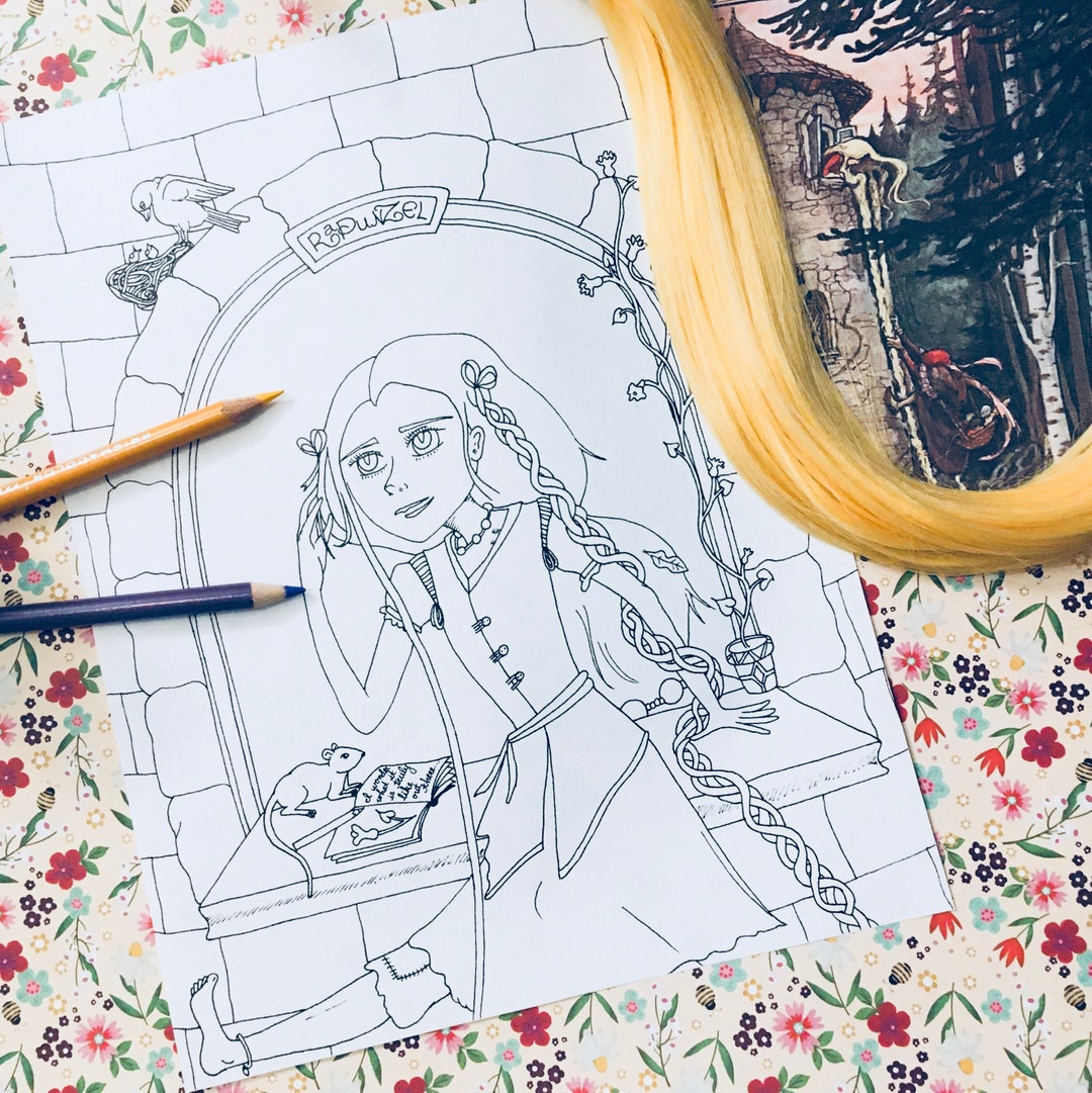 Rapunzel Princess Printable Coloring Page PDF Tower Mouse Journal Birds ...