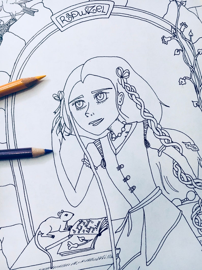 Rapunzel Princess Printable Coloring Page PDF Tower Mouse Journal Birds ...