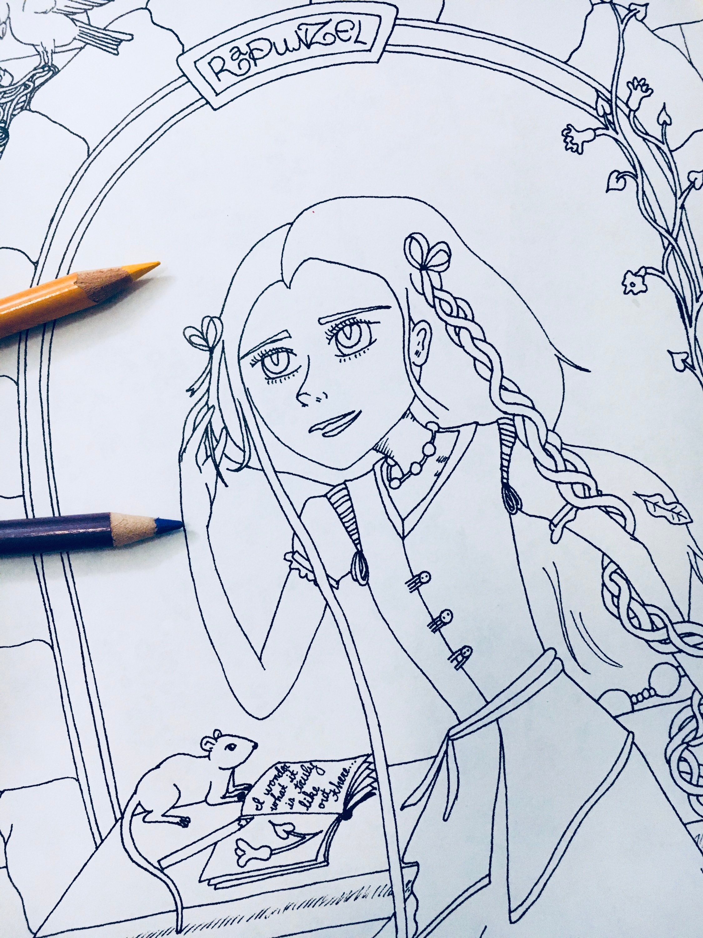 Rapunzel Princess Printable Coloring Page PDF Tower Mouse Journal Birds ...