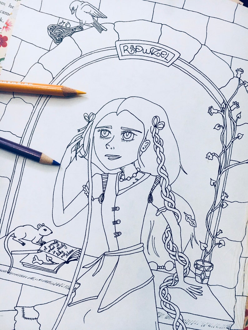 Rapunzel Princess Printable Coloring Page PDF Tower Mouse Journal Birds ...