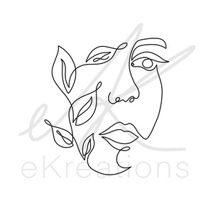 One-line Face & Botanical Leaves Digital Art Print – Minimalist Line ...