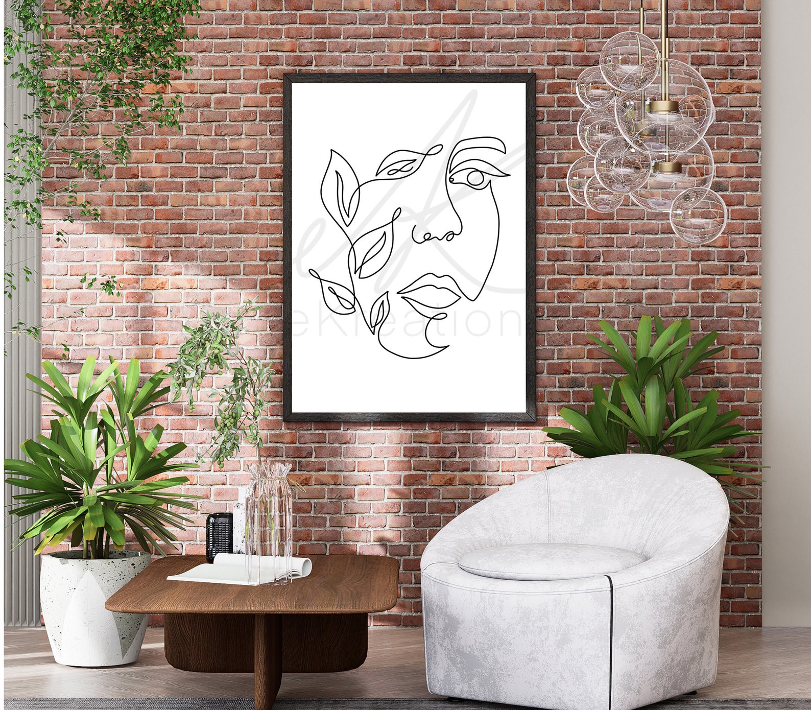 One-line Face & Botanical Leaves Digital Art Print – Minimalist Line ...