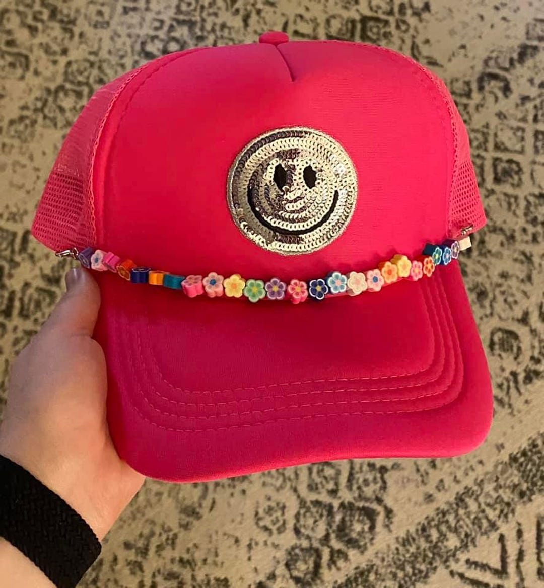 Smiley Patch Trucker Hat Sequin Smiley Neon Pink Trucker Hat - Etsy