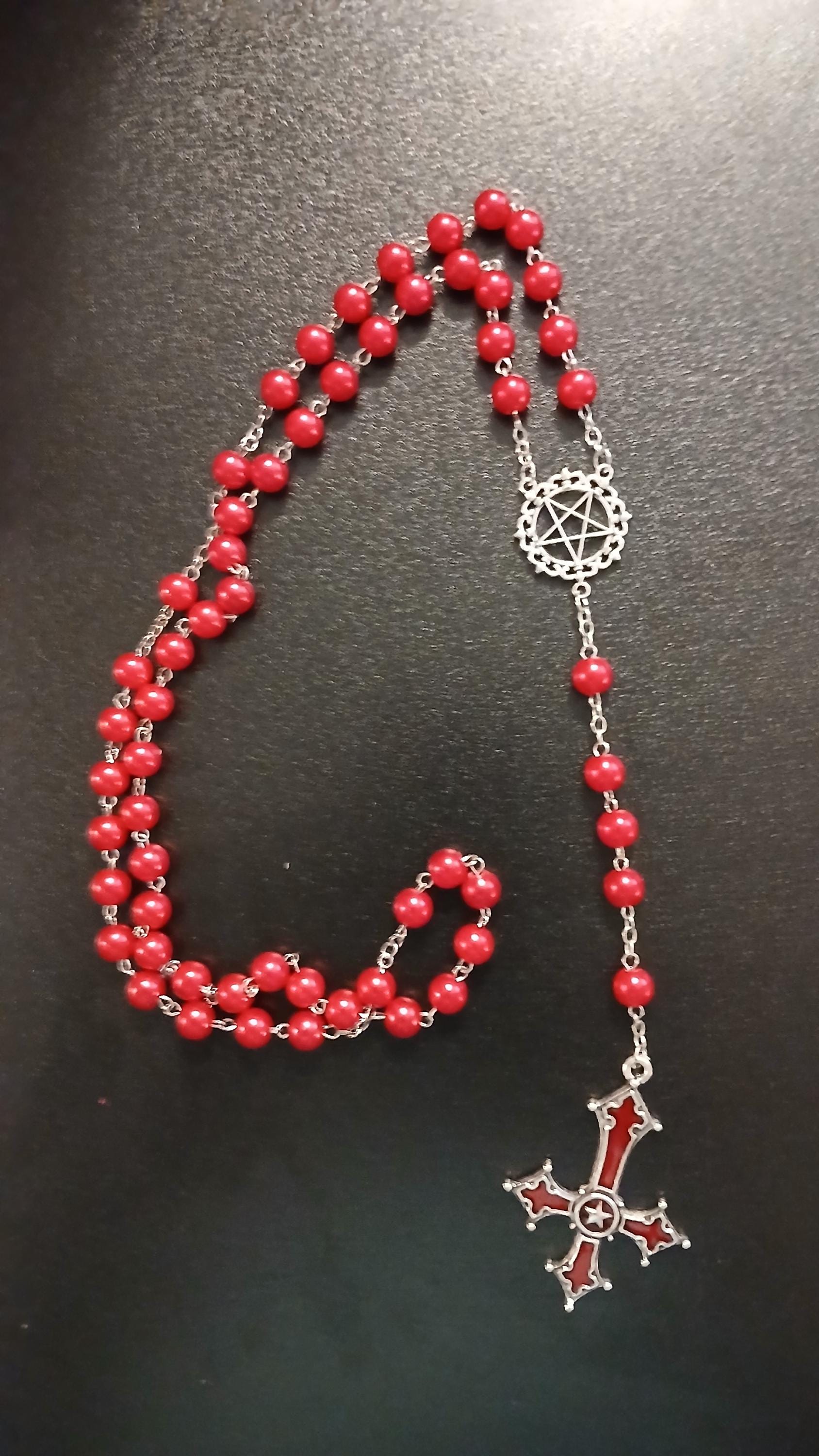 Satanic Rosary Necklace: Red Prayer Beads With Pentagram & Silver Cross ...
