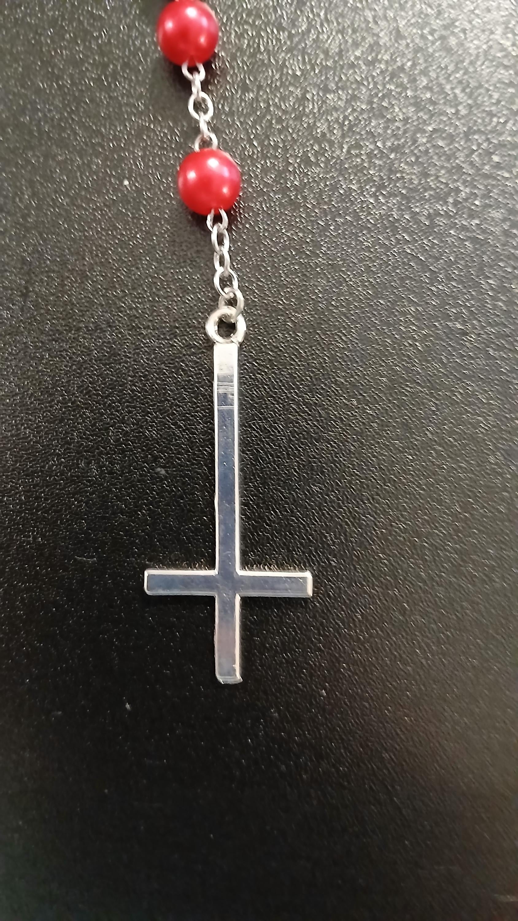 Satanic Rosary Necklace: Red Prayer Beads With Pentagram & Silver Cross ...