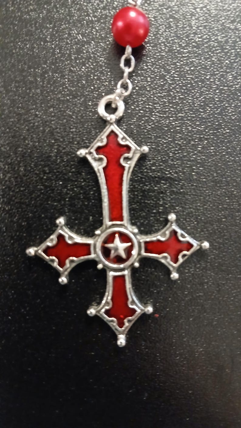 Satanic Rosary Necklace: Red Prayer Beads With Pentagram & Silver Cross ...