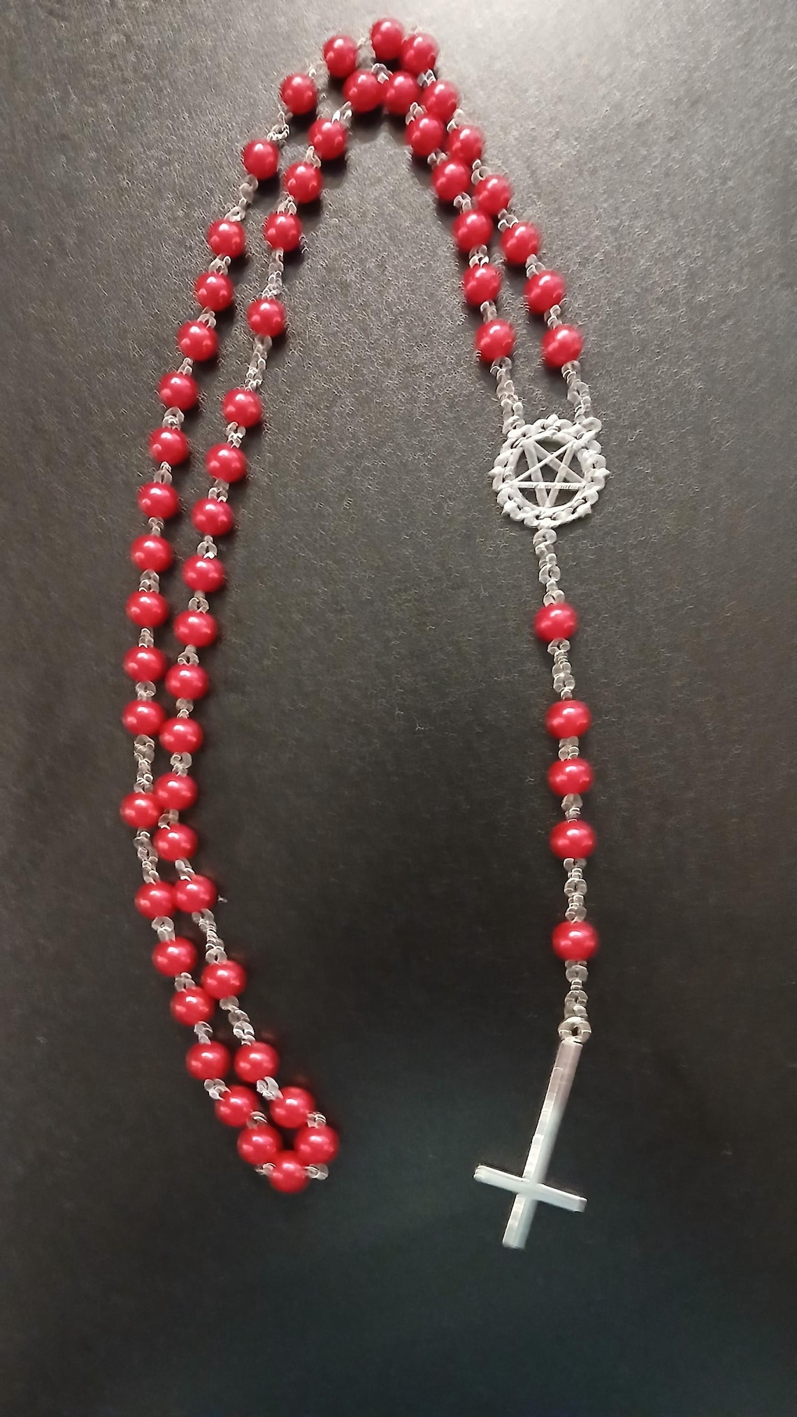 Satanic Rosary Necklace: Red Prayer Beads With Pentagram & Silver Cross ...