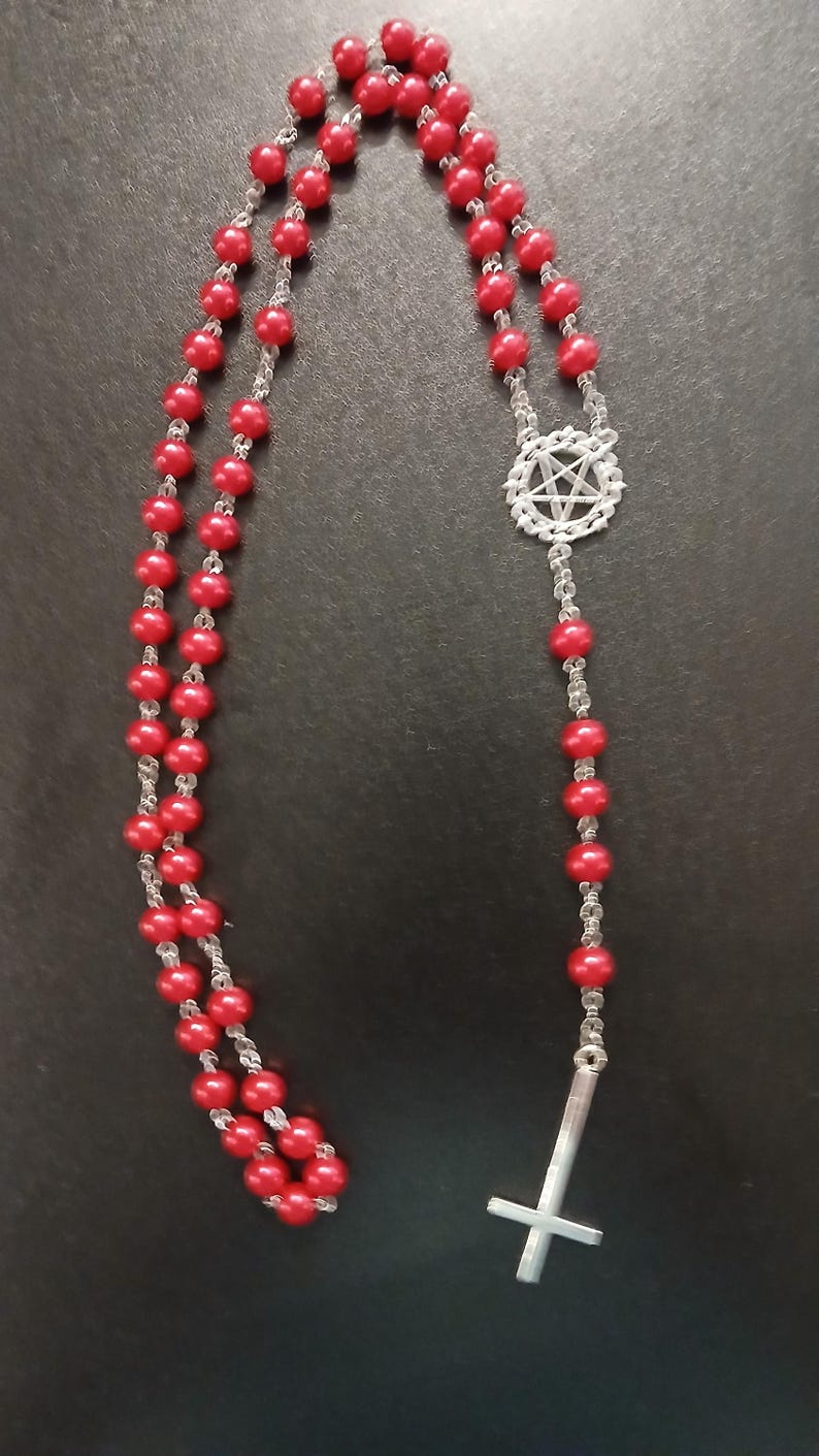 Satanic Rosary Necklace: Red Prayer Beads With Pentagram & Silver Cross ...