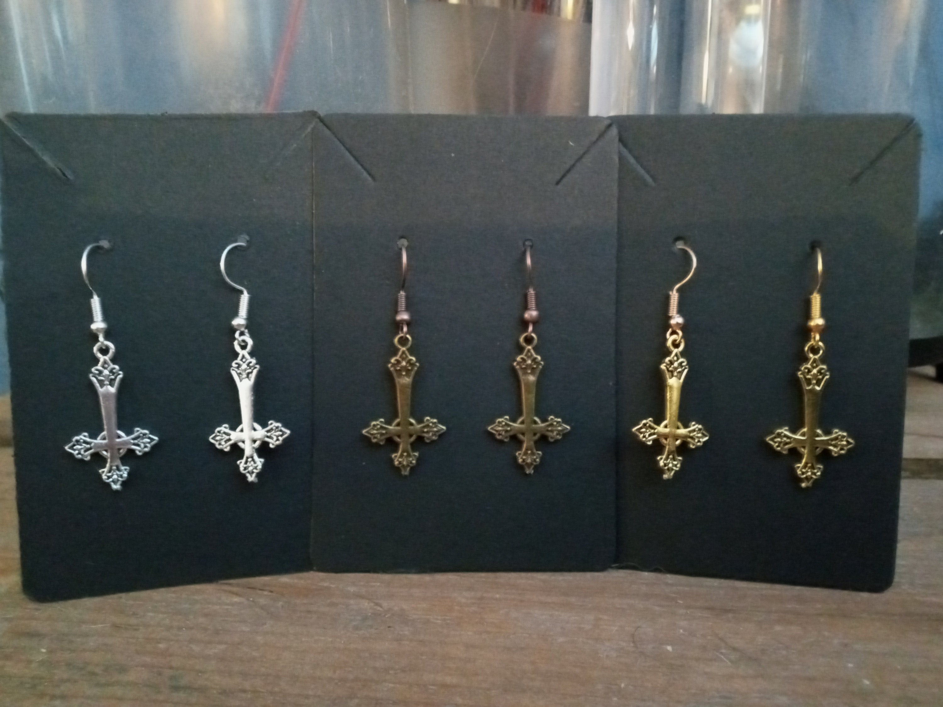 Gold Silver or Bronze Inverted Cross Earrings Upsidedown - Etsy