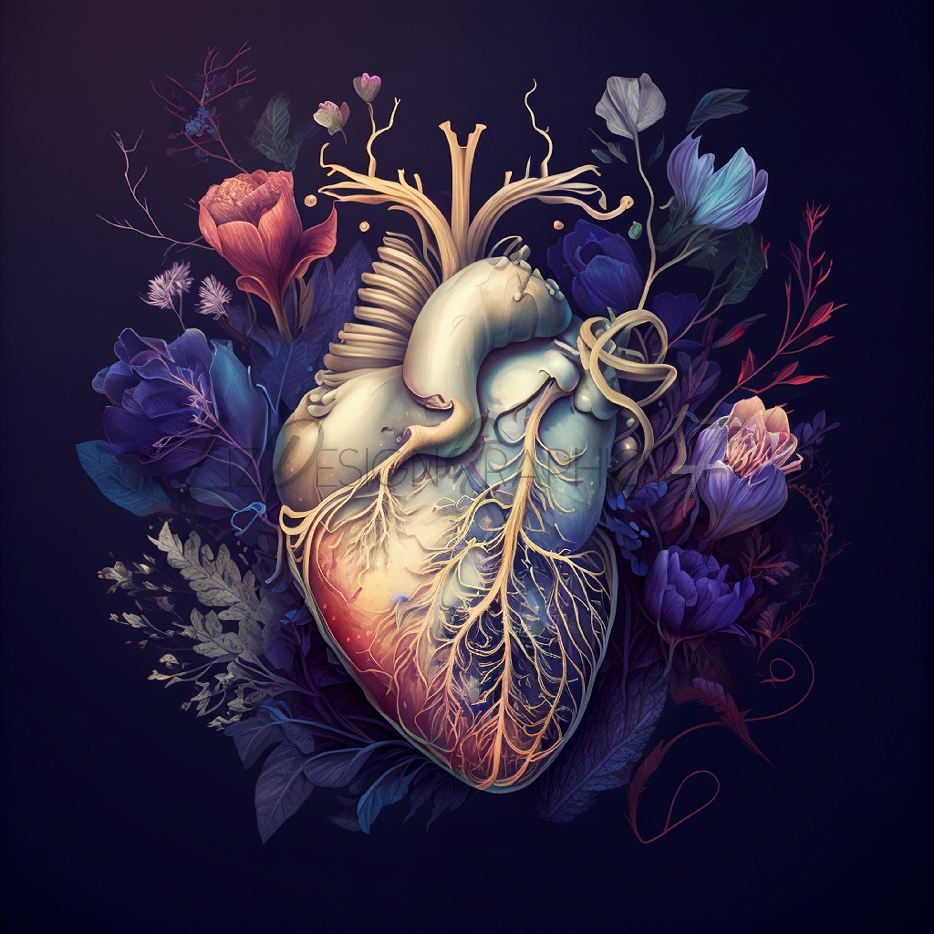 Human Heart With Flowers Art Anatomical Human Heart Wall Art Medical ...