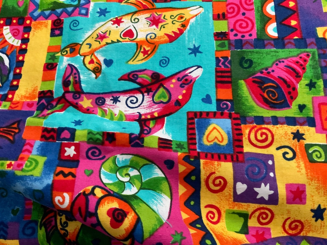 Hollytex Screen Print Bright Cotton Fabric, Marine Life. 1 2/3 Yards - Etsy