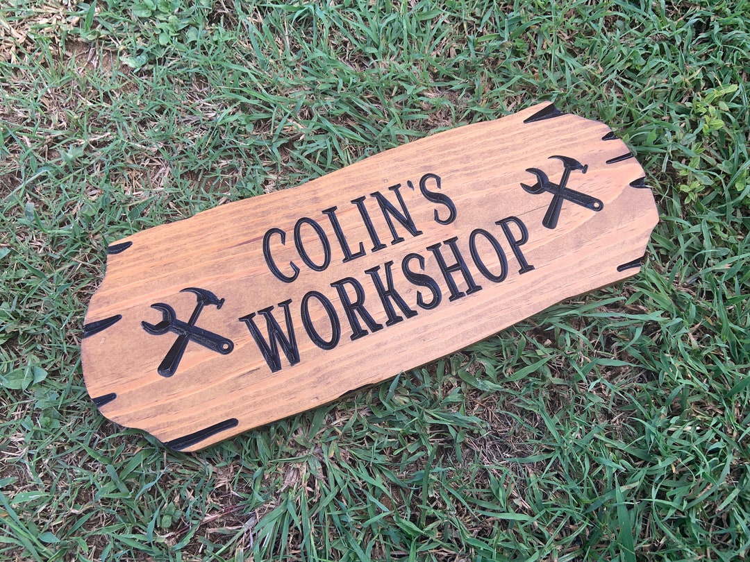 Outdoor Workshop Wood Sign, Wood Shop Cabin Sign, Pine Trees, Custom ...