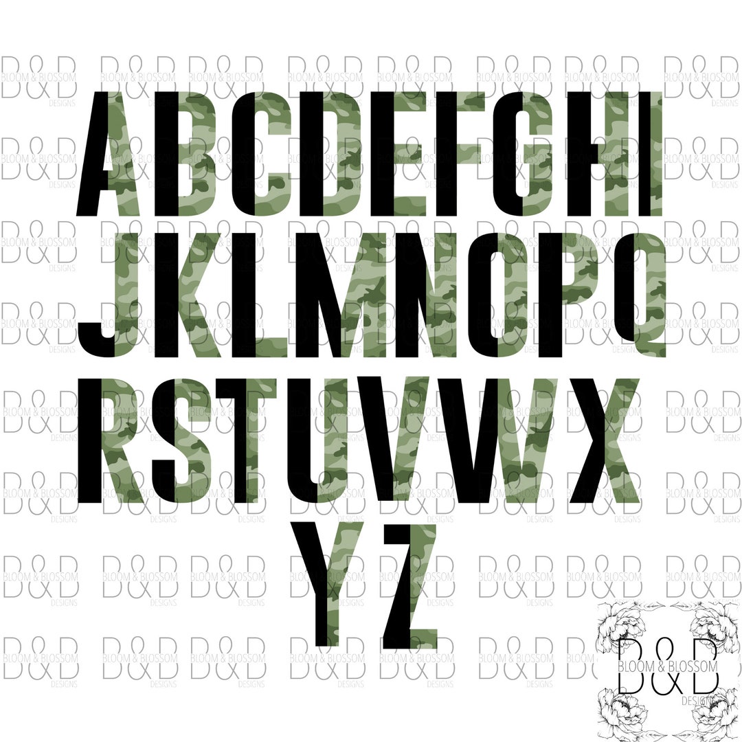 Camo Alphabet PNG Half Camo Half Black PNG Sublimation Water Slide ...