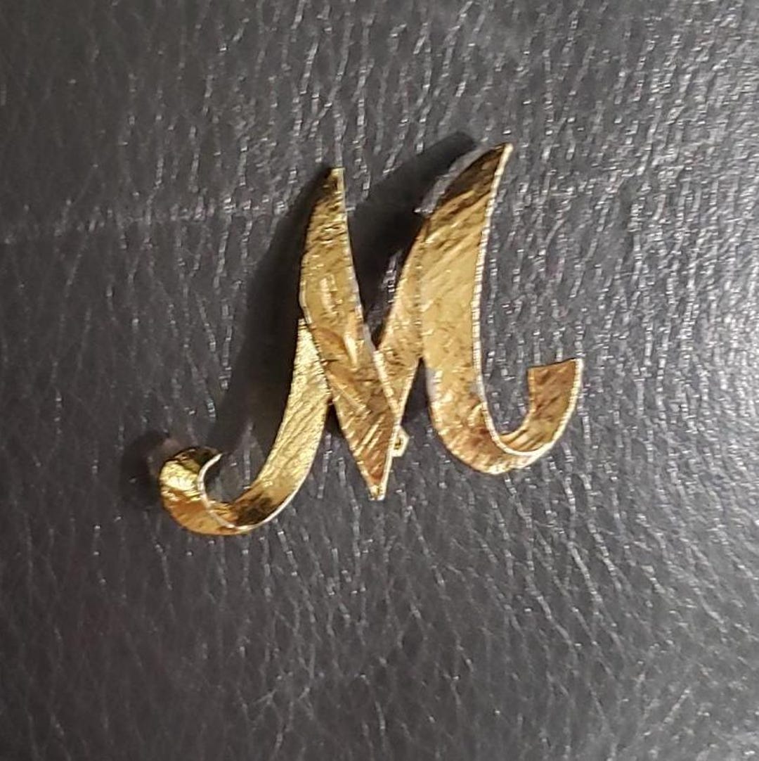 Vintage Gold Tone Textured Diamond Cut Design Initial M Brooch Pin ...