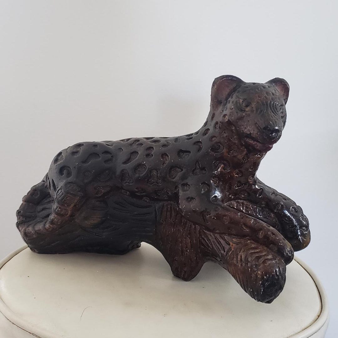 Vintage Plaster Leopard Statue, Leopard on Log Figure, Made in Mexico ...