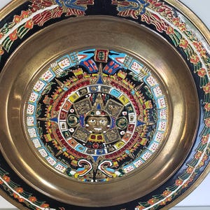 Vintage Brass Enamel Aztec Calendar Plate, Mexican Wall Decor (11 Inch ...