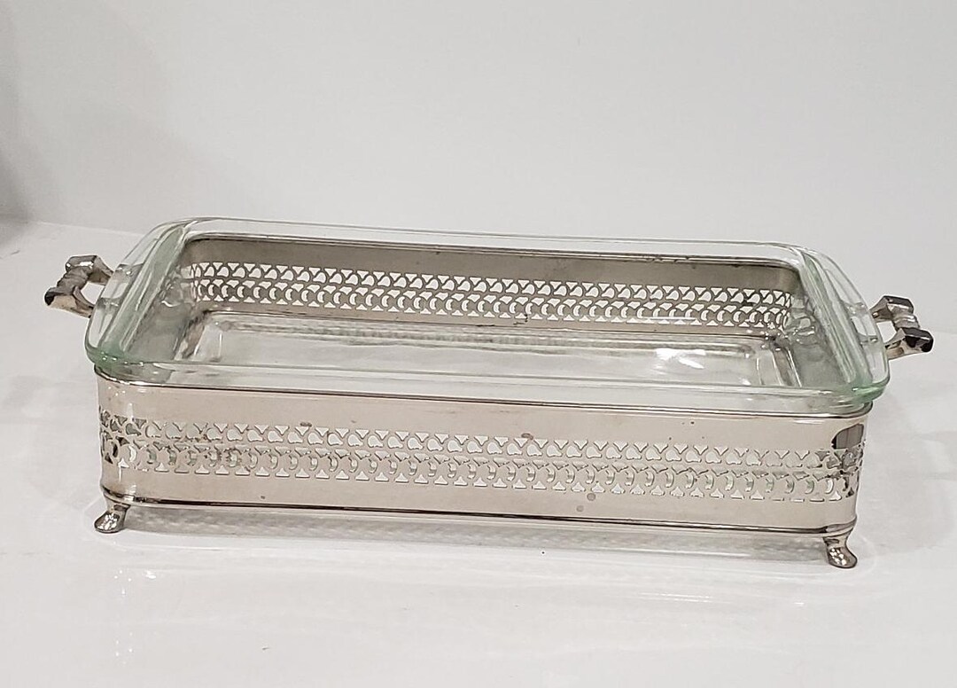 Silver Plate Footed Casserole Dish Holder With Handles and Pyrex 7 X 11 ...