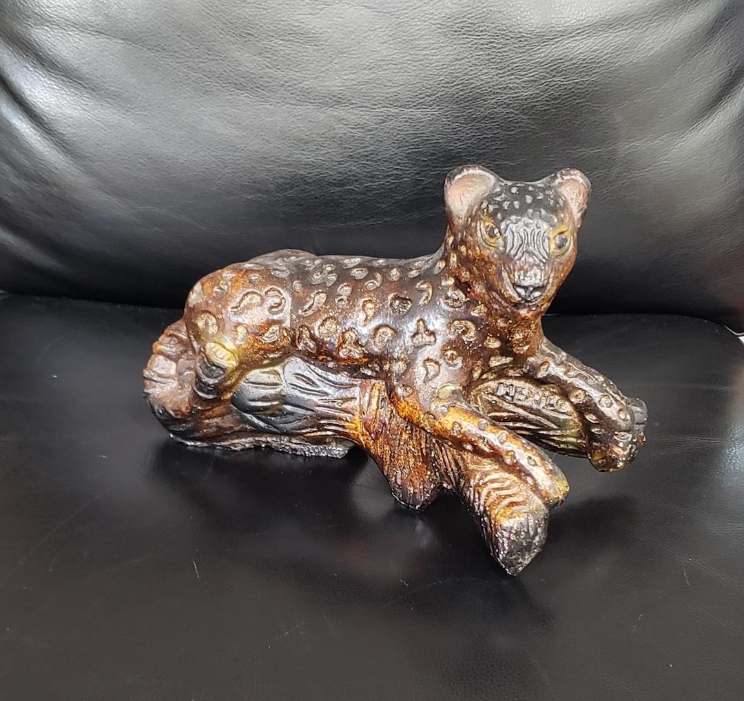 Vintage Plaster Leopard Statue, Leopard on Log Figure, Made in Mexico ...