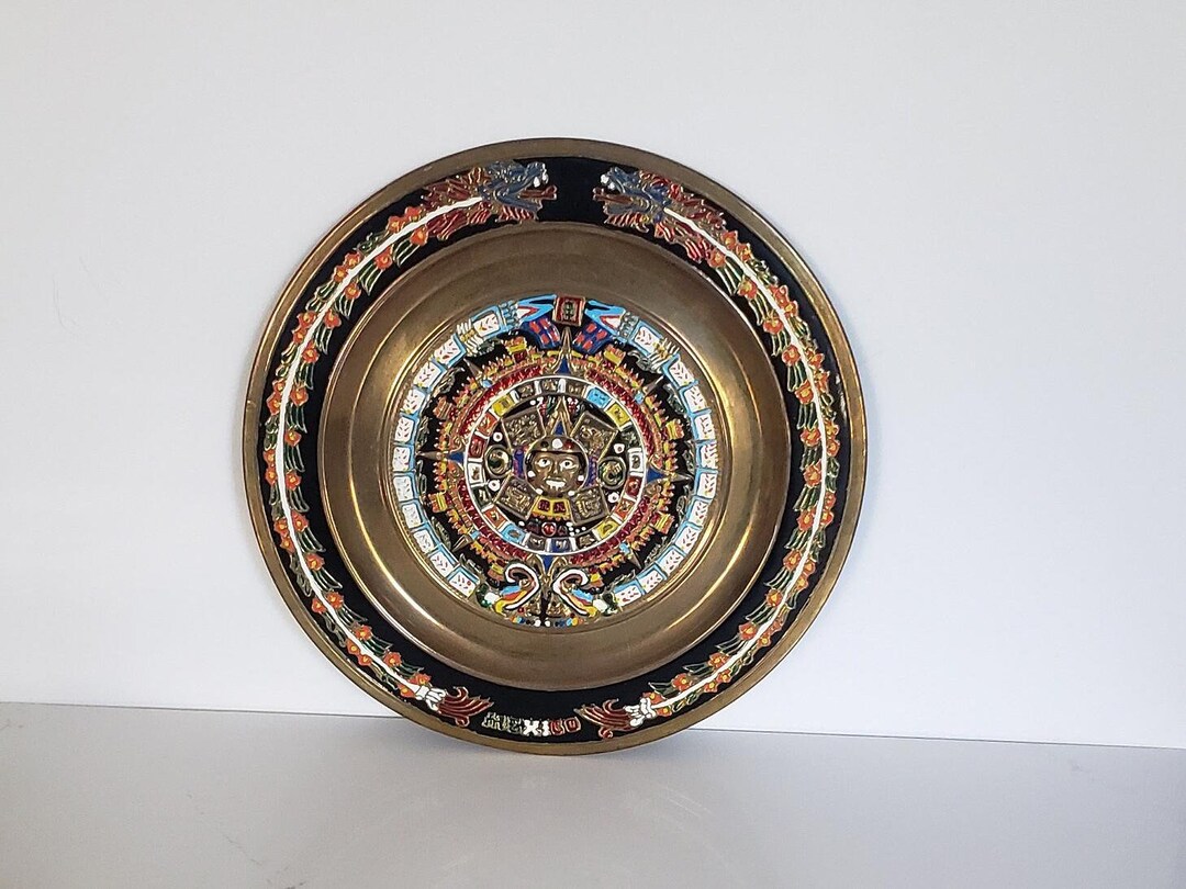 Vintage Brass Enamel Aztec Calendar Plate, Mexican Wall Decor (11 Inch ...