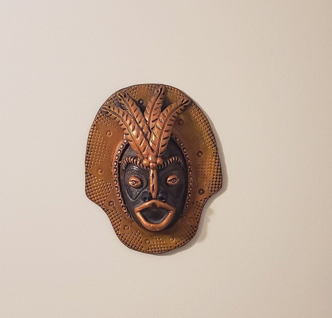 Aztec Tribal Mask, Copper Colored Pottery Mask Face, Brown and Copper ...