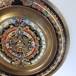 Vintage Brass Enamel Aztec Calendar Plate, Mexican Wall Decor (11 Inch ...