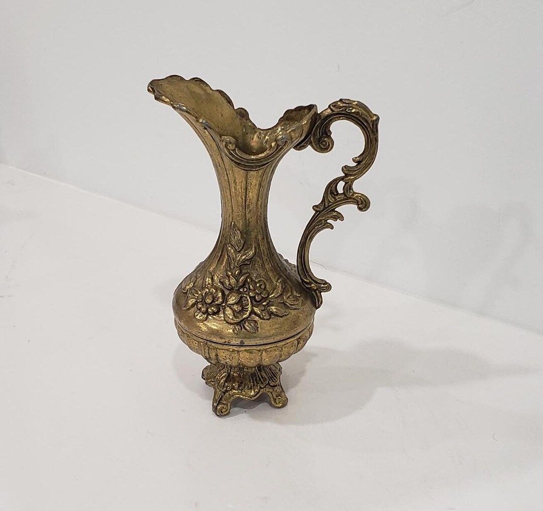 Vintage Brass Ewer Vase, 2 Piece Small Brass Pitcher, Floral Embossed ...